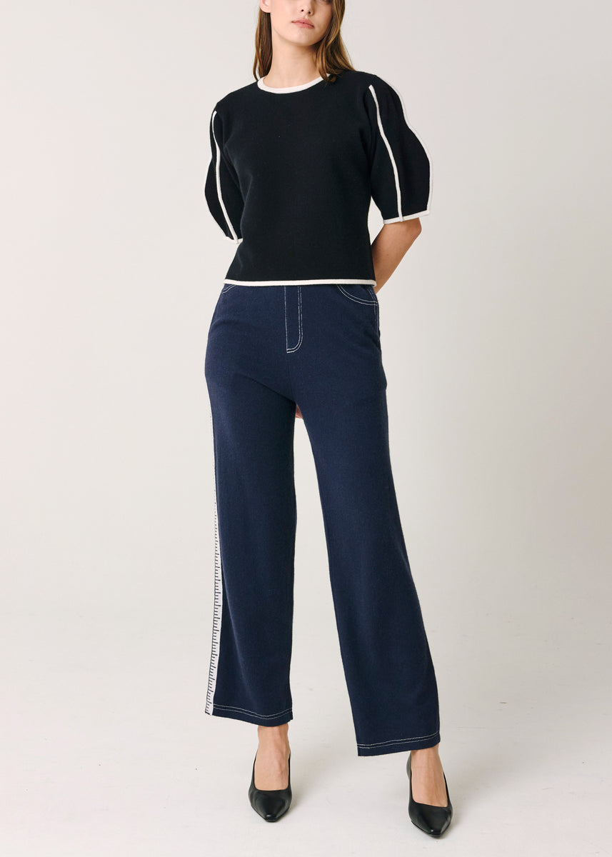 Frances Side Ruler Trim Straight Pants - Navy Blue – DCV Cashmere